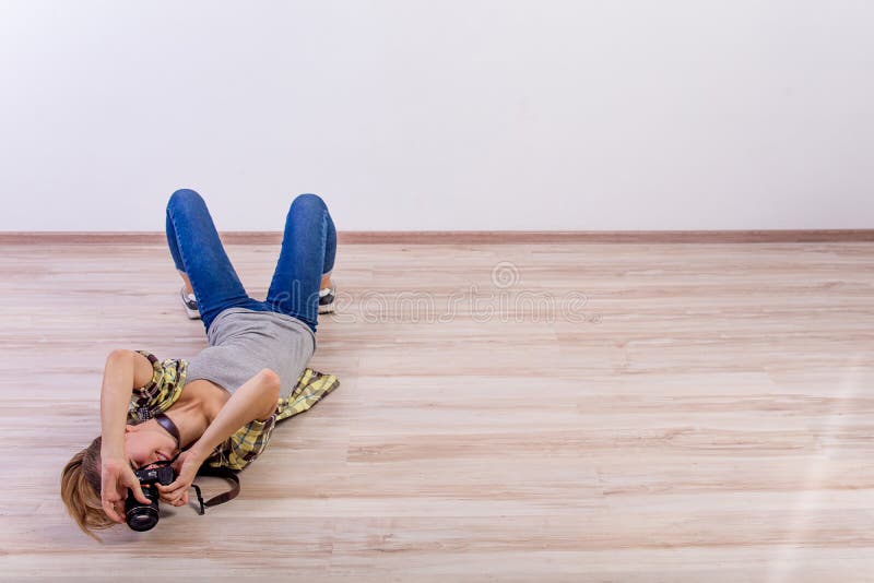 Different Photographer Poses Bending Squatting Lying Down Stock Image Image Of Portrait