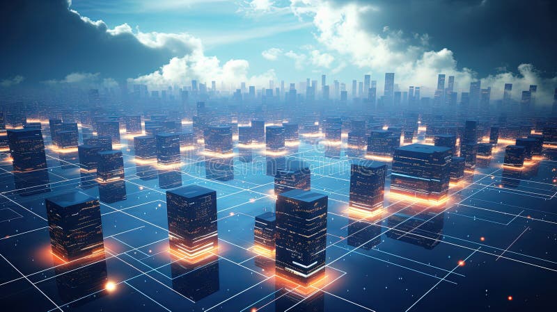 Concept of a Digital City with Cloud Connections. Futuristic Network in ...