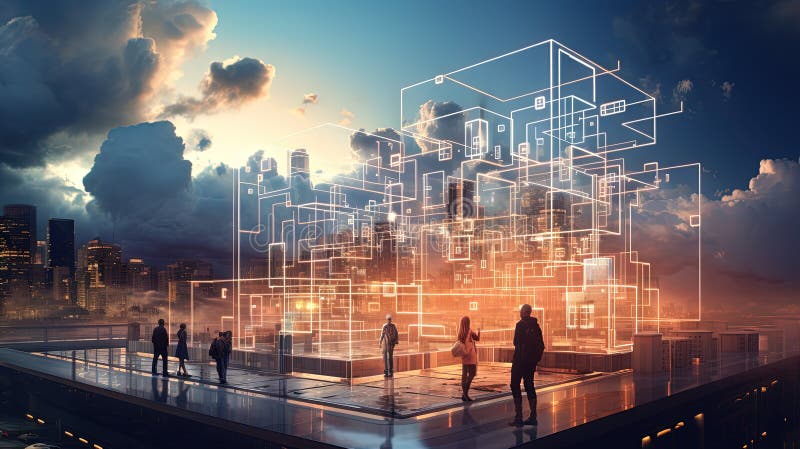 Concept of a Digital City with Cloud Connections. Futuristic Network in ...