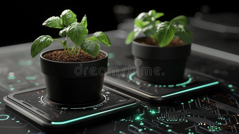 The Concept of Digital Farming in the Future Shows Plants Growing on a ...