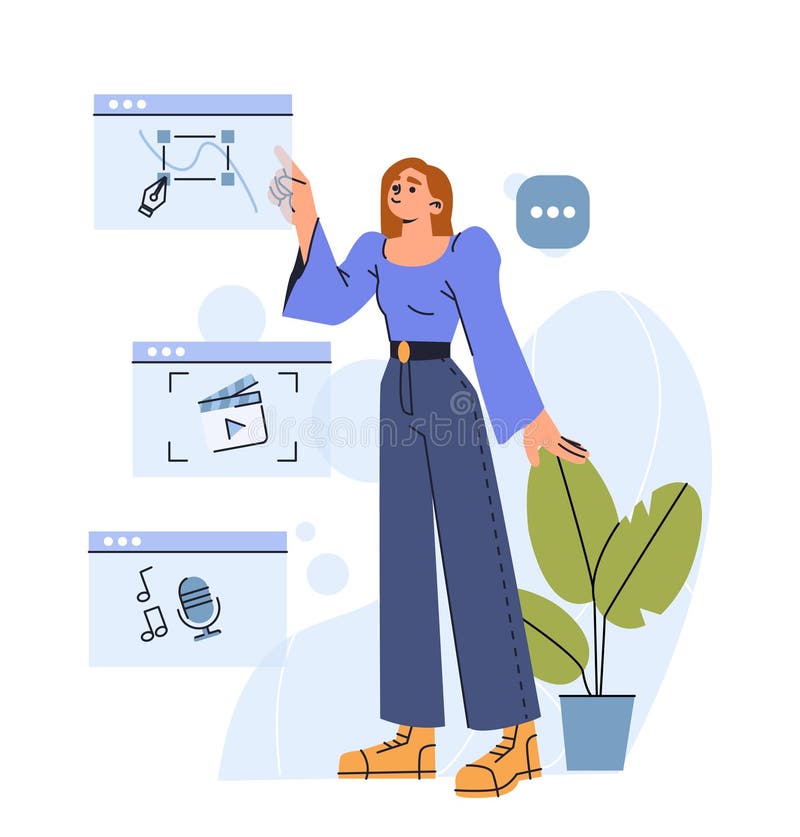 Concept of Distance Education and Technology Use. Woman Interacting ...