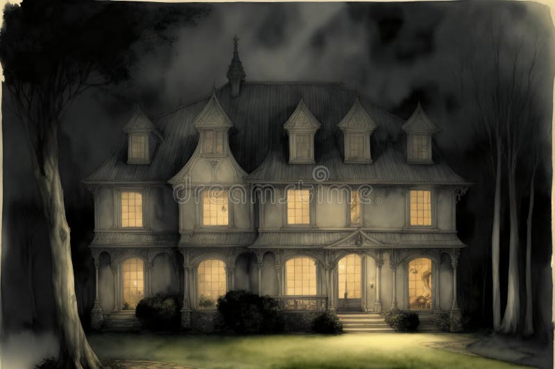 A Drawing of a Creepy House at Night. Generative AI Stock Illustration ...
