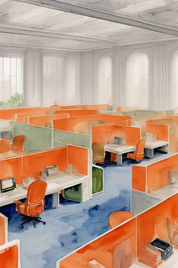 A Drawing of an Office Cubicle with Orange Cubicles. Generative AI ...
