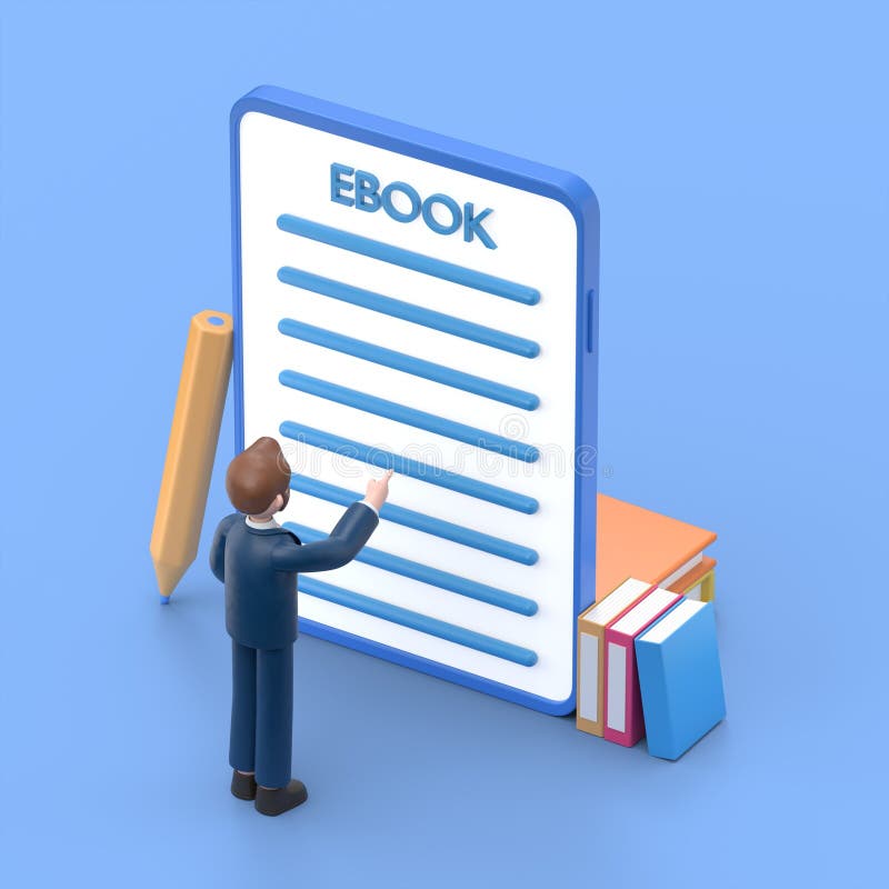 Concept of E-books. Image of Man Standing on Books in Front of Screen ...