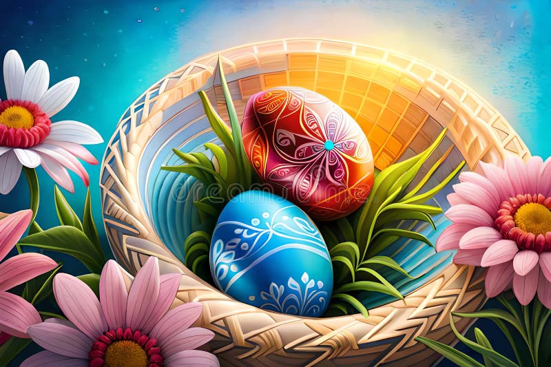 An Easter Egg Surrounded by Colorful Flowers and Leaves on a Paste Blue ...