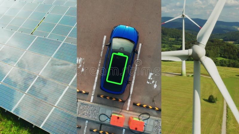 Collage of Wind Turbines, Charging EV with Animated Battery on the Road ...