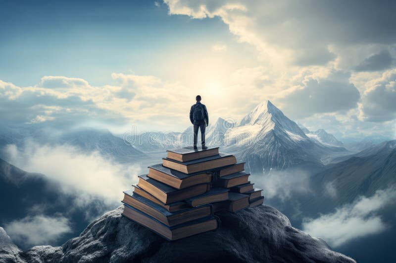Concept Education. Man Conquers a Mountain of Books Stock Image - Image ...