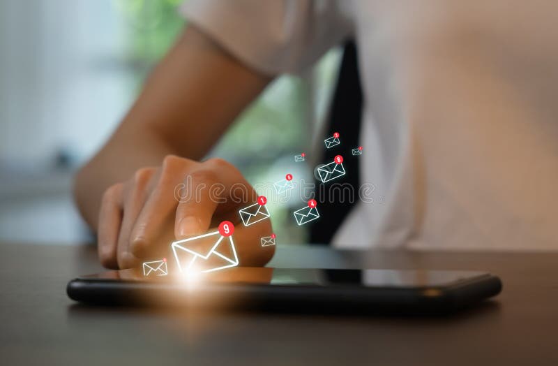 Concept Electronic Communication Network. Woman Hand Press Smartphone ...