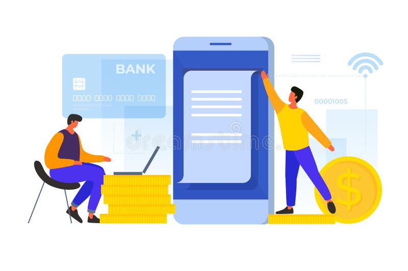 Young Cartoon Men Make Payment Using Mobile Applications on the ...