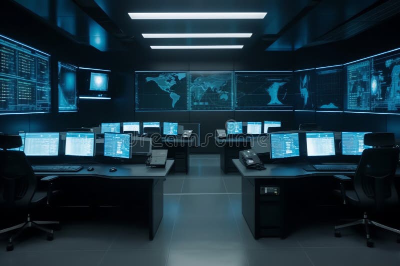 Empty Interior of Big Modern Security System Control Room, Workstation ...