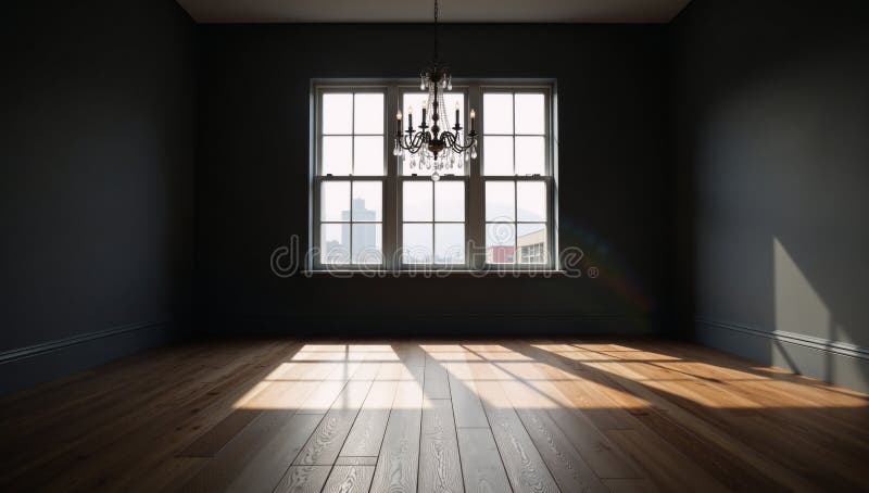 Empty Room Featuring Darkgray Walls Wood Floors Large Windows Allow ...