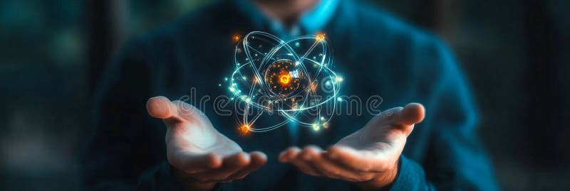 Concept of Energy and Power with Nuclear Future Technologies Visualized As Digital Atom in Hands ...
