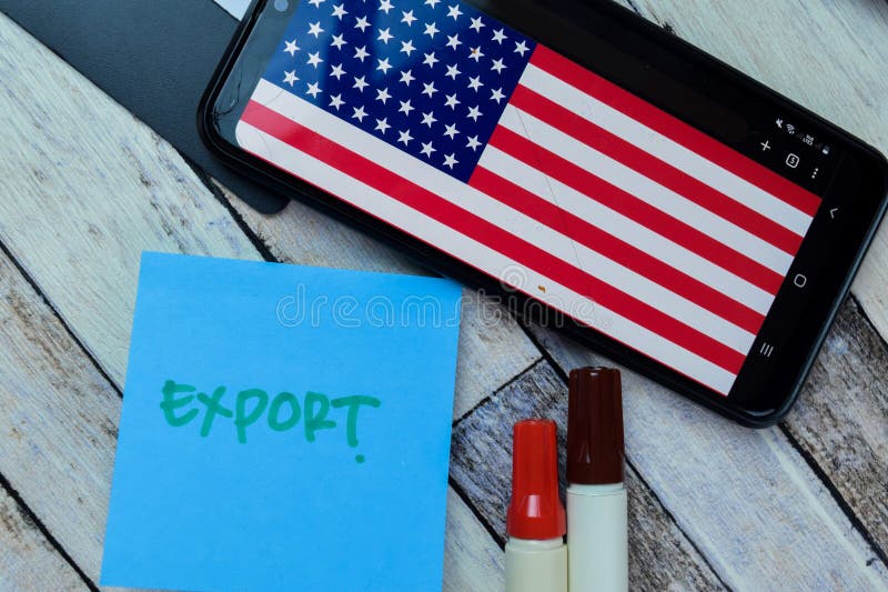 Concept Of Export Write On Sticky Notes With Us Flag Isolated On Wooden