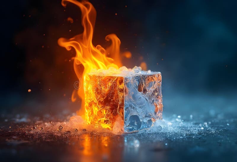 A Concept of Extreme Contrast of Ice Cubes, Blue Flames, and Orange ...