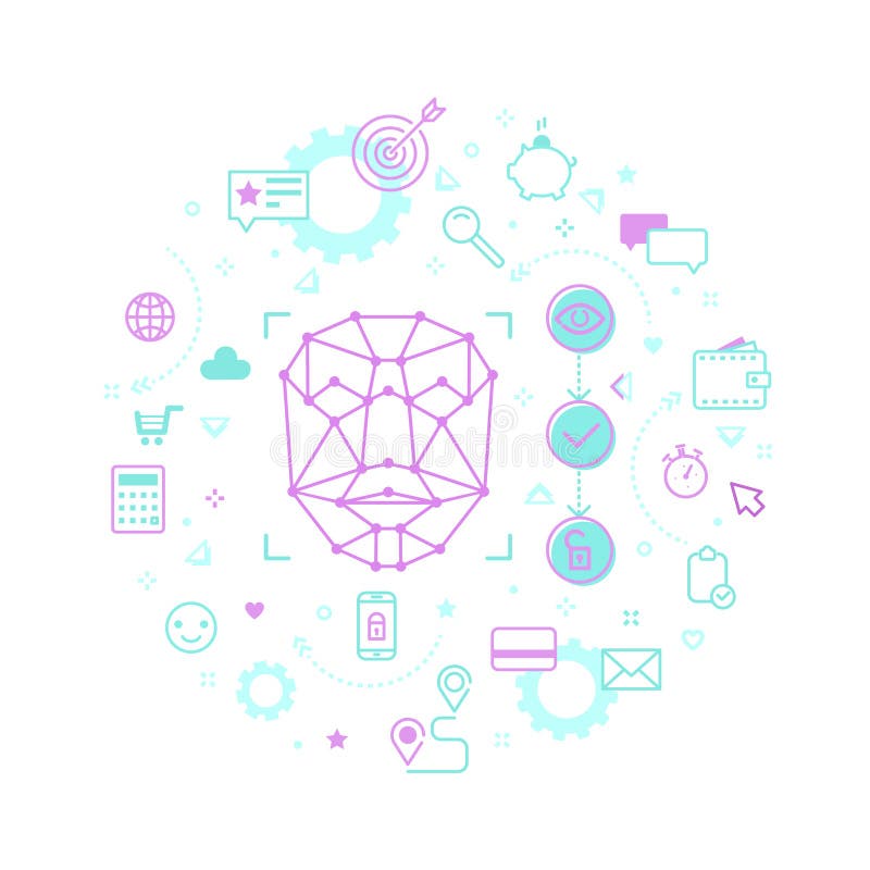 Concept of Face Identification. Cartoon Business Man Holds Smartphone ...