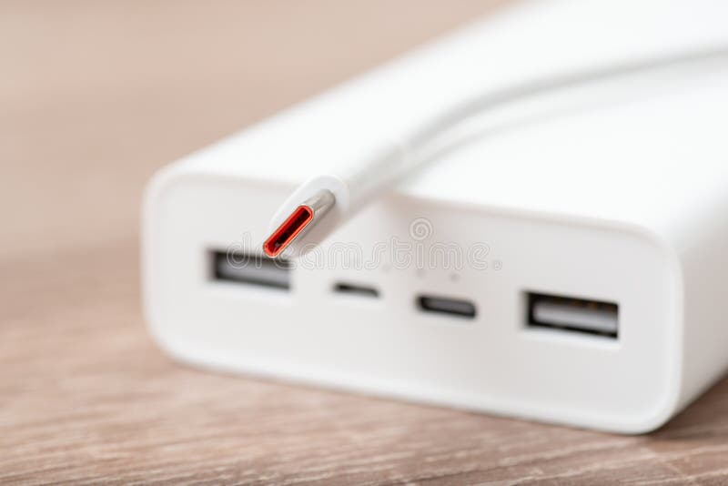 External Battery and Cable Usb Type C Close Up on the Desk Stock Image ...
