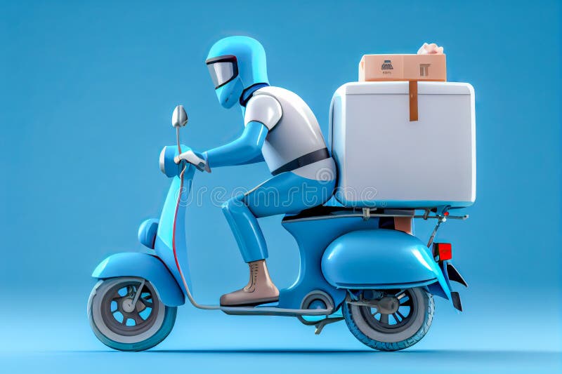 Concept of Fast Delivery, Blue Robot on the Electrobike Stock ...