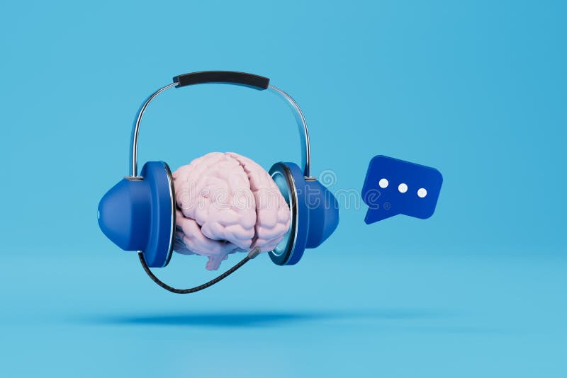 The Concept of Feedback. Brain in Headphones with Microphone and ...