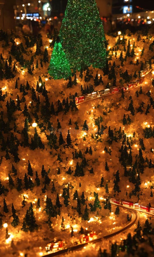 A Festive Train Set Circling a Brightly Lit Christmas Tree at Night ...