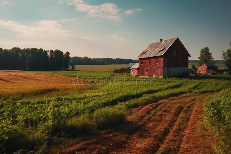 Fields with a Red Barn in the Summertime Countryside, Countryside ...