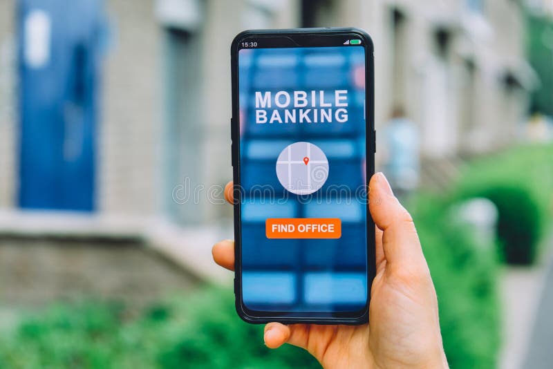 The Concept of Finding a Banking Office in the City. Smartphone Mobile ...