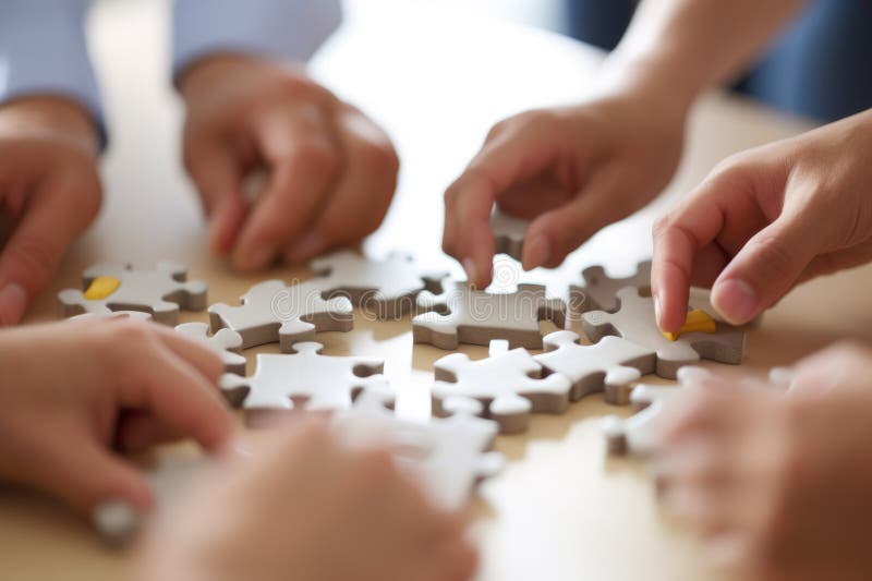 Company Workers Assembling Pieces of Jigsaw Puzzle in Work Meeting ...
