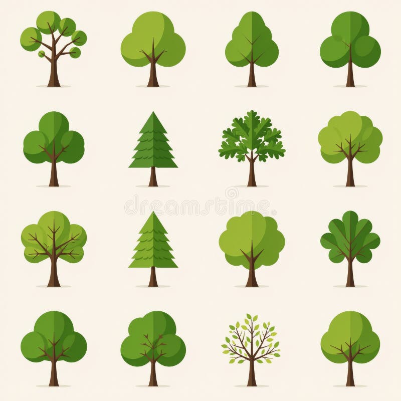 A Flat Design Tree Icon Set Featuring Popular Tree Species in a Vector ...