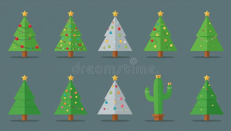 Flat Design Vector Christmas Tree Icons Set Featuring Various Designs ...