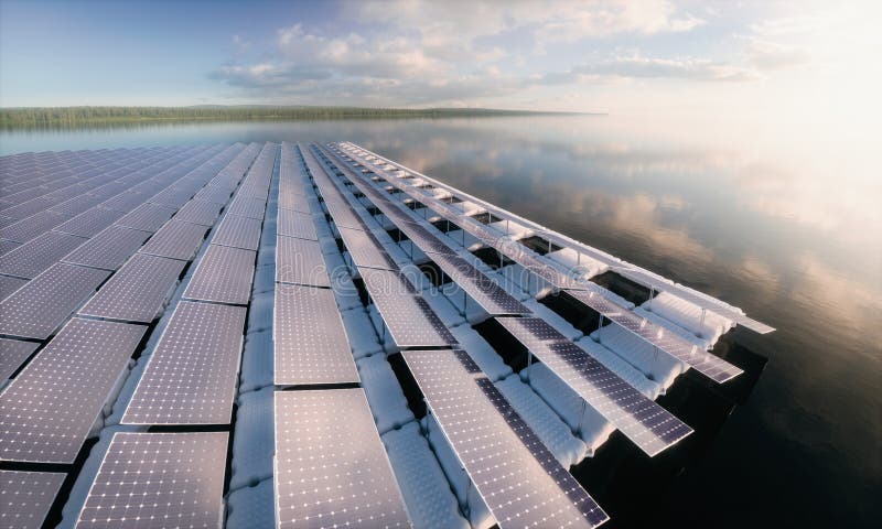 Concept of a Floating Solar Panel Array in Beautifull Calm Morning Lake ...