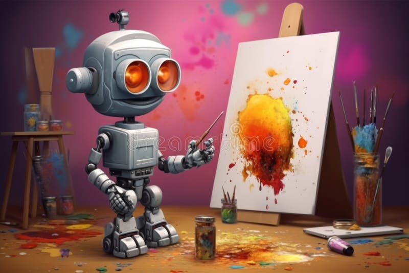 Generative AI Art Technology Concept, Robot Painting Picture in Studio ...