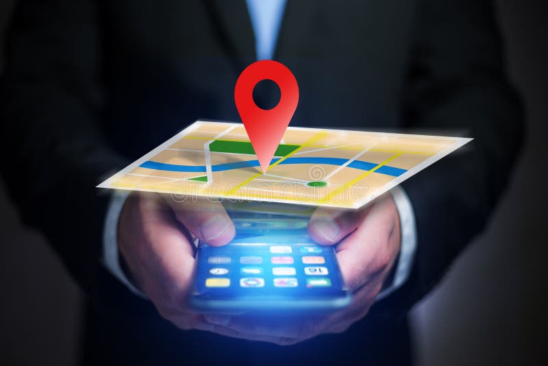 Concept of Geographical Localization on a Map with a Smartphone Stock ...