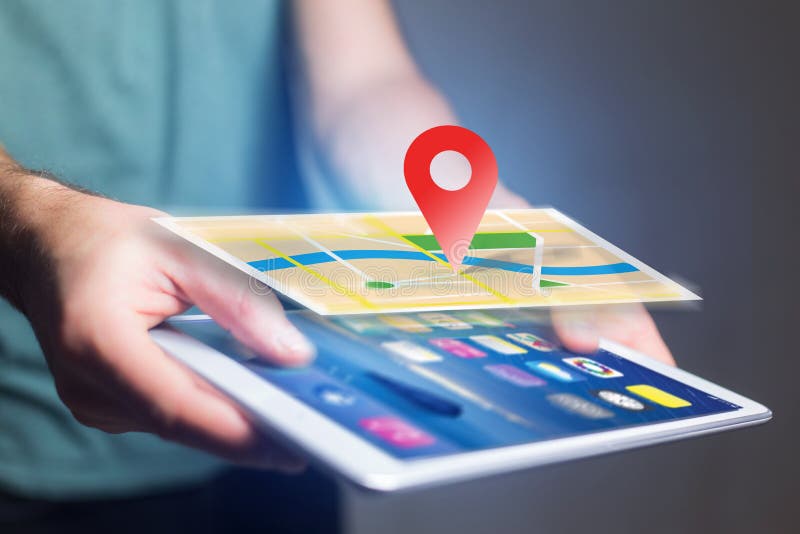 Concept of Geographical Localization on a Map with a Tablet Stock Image ...