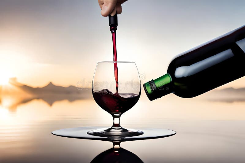 A Glass Of Rich Red Wine Being Filled To The Brim With A Slow Pour From A Bottle Set Against A