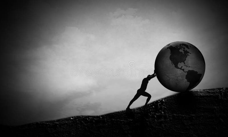 Businessman Pushing Concrete Big Stone Uphill. Man Push Hardly the ... Businessman Pushing Concrete Big Stone Uphill. Man Push Hardly the ...
