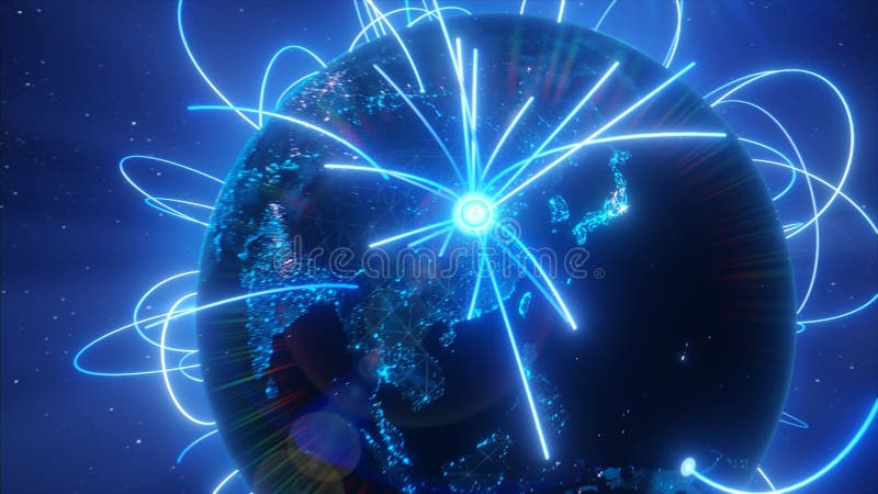 Tech Earth Globalization in 3d Animation. Global Business Dots on ...