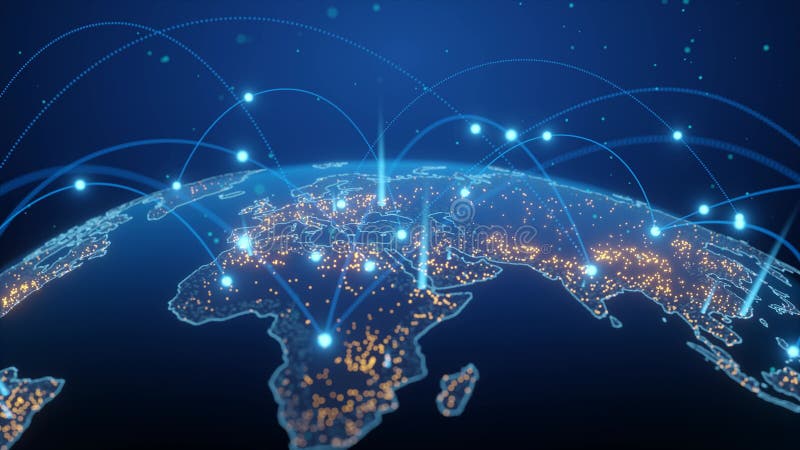 Tech Earth Globalization in 3d Animation. Global Business Dots on ...