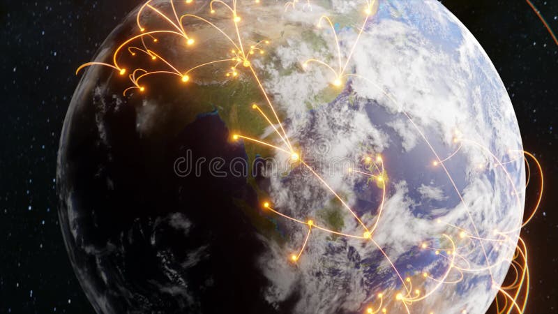 Tech Earth Globalization in 3d Animation. Global Business Dots on ...