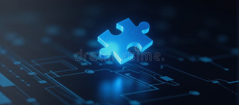 A Glowing Blue Puzzle Piece Floats Over a Futuristic Digital Interface ...