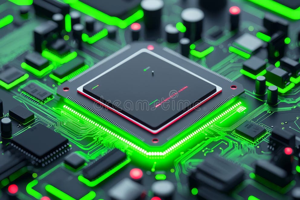 The Concept of a Green Quantum Computing CPU Processor. 3D Illustration of the Concept Stock ...