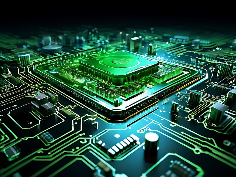 Concept of Green Technology. Green Recycle Sign on Circuit Board Technology Innovations ...