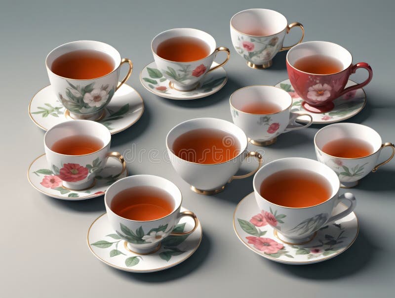 A Group of Tea Cups and Saucers Filled with Tea. Generative AI Stock ...