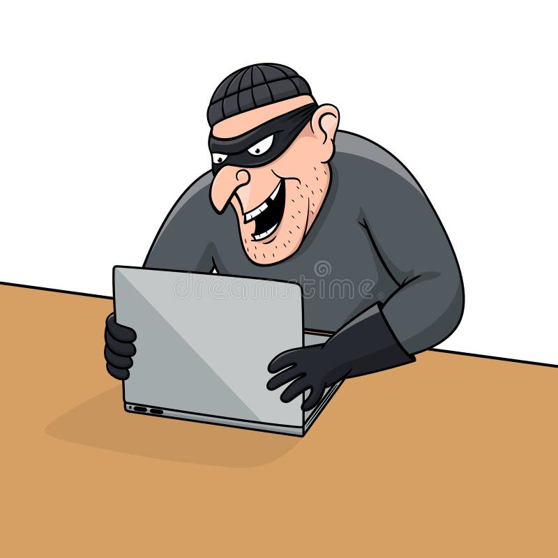 Concept of Hacking. Cartoon Thief Trying To Hack Personal Information ...