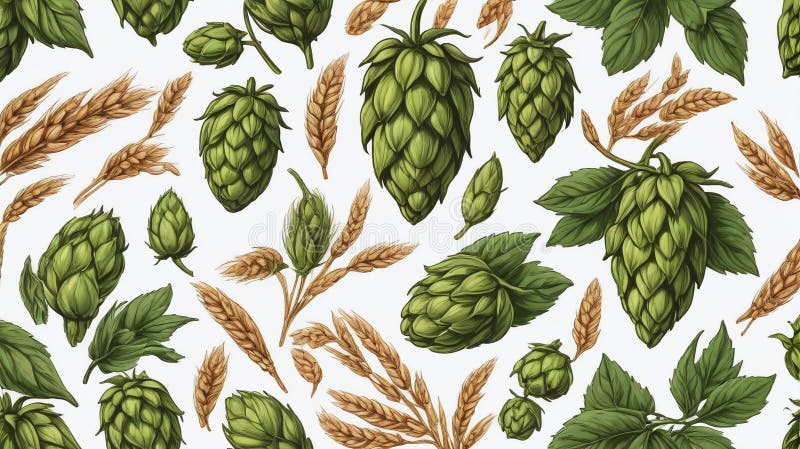 Hand-Drawn Hops and Wheat Illustrations, Isolated on White. Generative ...