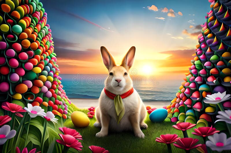 Happy Fat Easter Bunny Surrounded with Colourful Easter Eggs ...