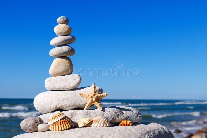 Concept of Harmony and Balance. Rock Zen of Seashells on a Background ...