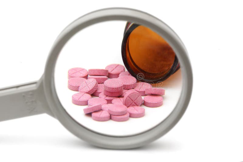 Concept of Health Problems with Bottle of Pills and Magnifier Stock ...