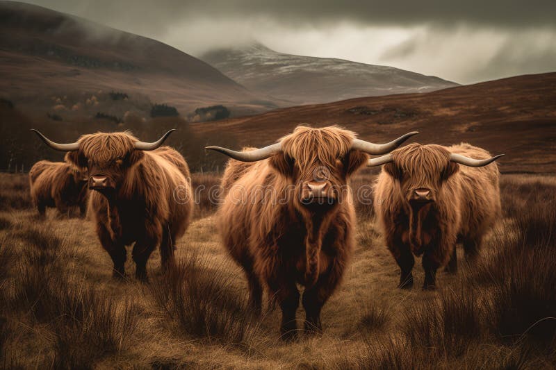 A Herd of Highland Cows Ai Art. Generative AI Stock Illustration ...