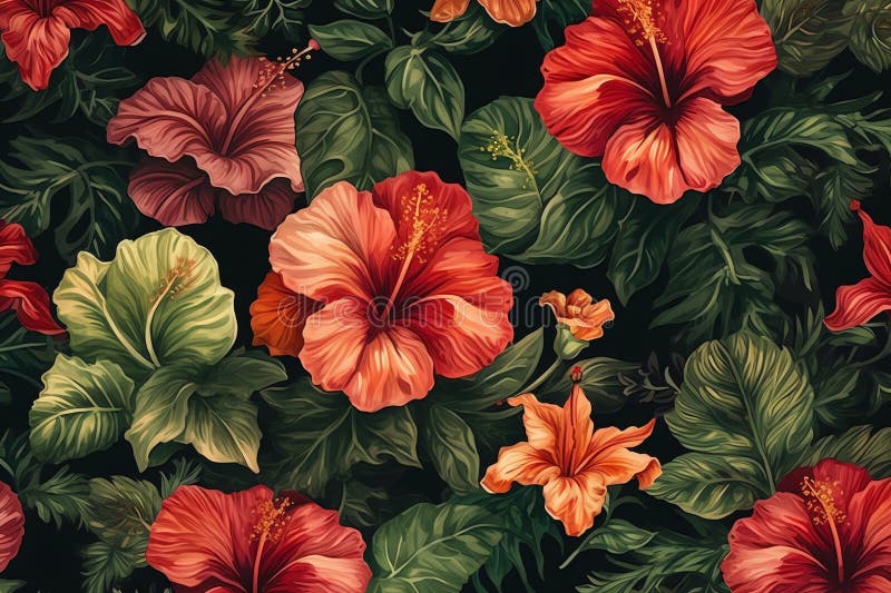 Hibiscus Pattern with Lush Vegetation, Perfect, Exotic Backdrops ...