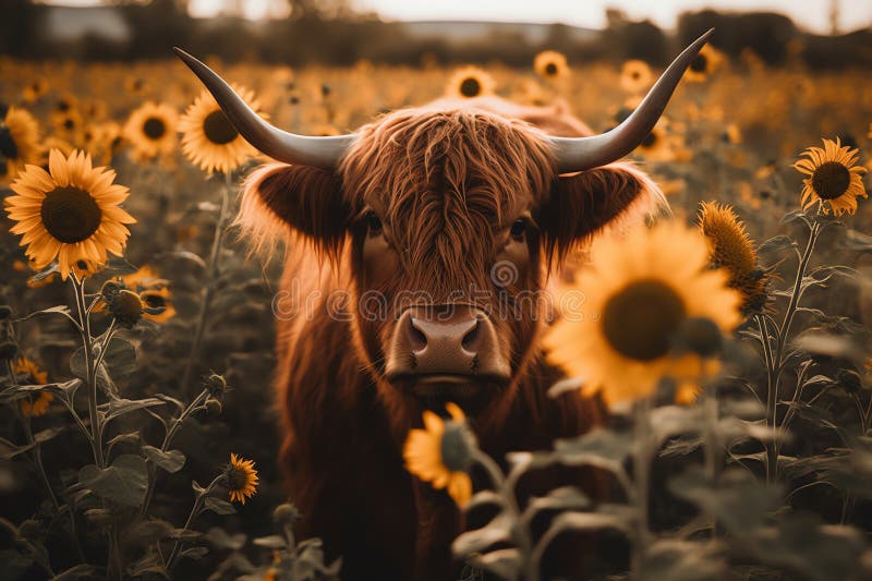 Highland Cow Face with Many Various Sunflowers. Generative AI Stock ...