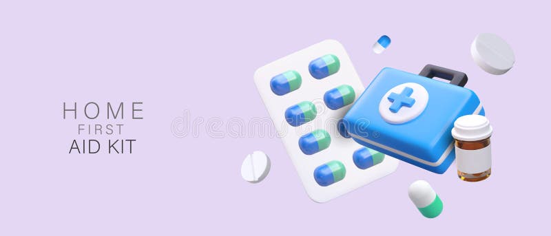 Concept of Home First Aid Kit. Poster with Realistic 3d Box with ...